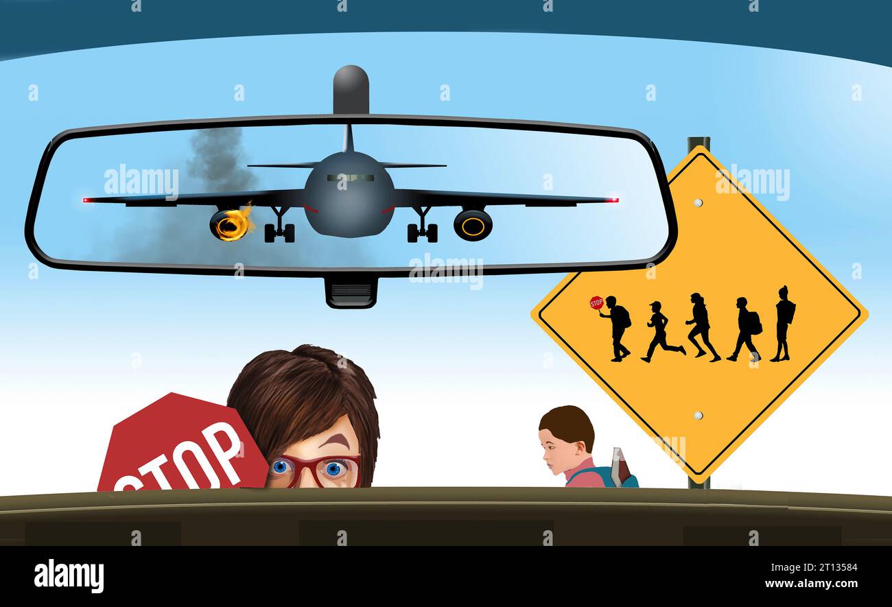 An airplane on fire is seen in a car’s rearview mirror while at a ...