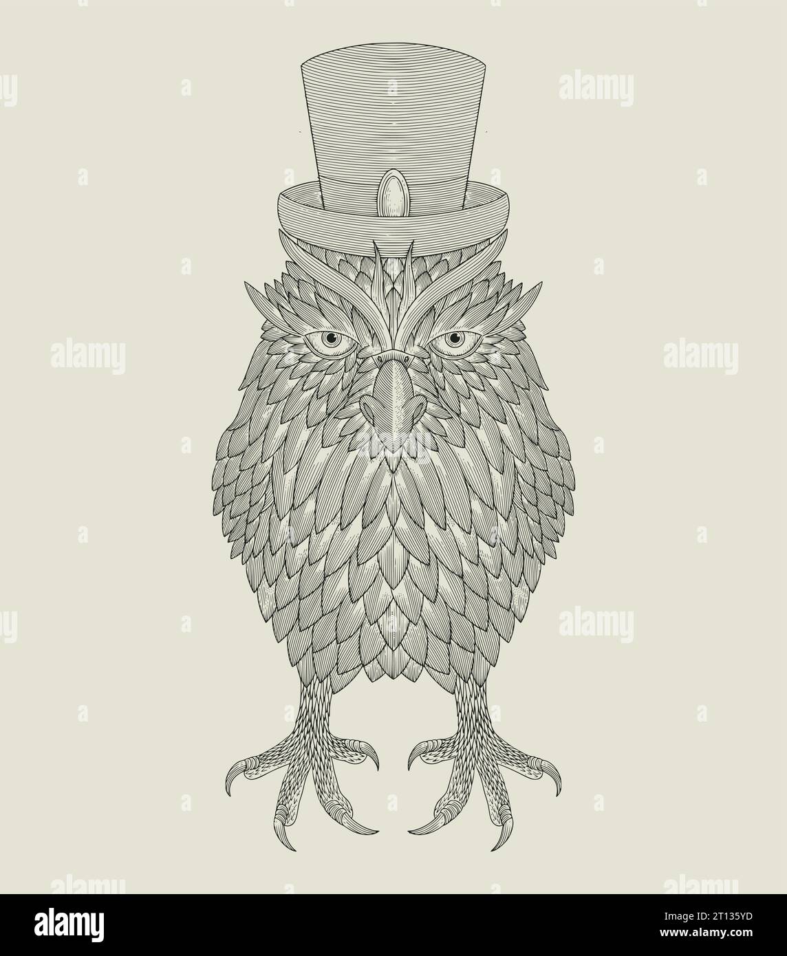 Owl bird with magician hat, Vintage engraving drawing style ...