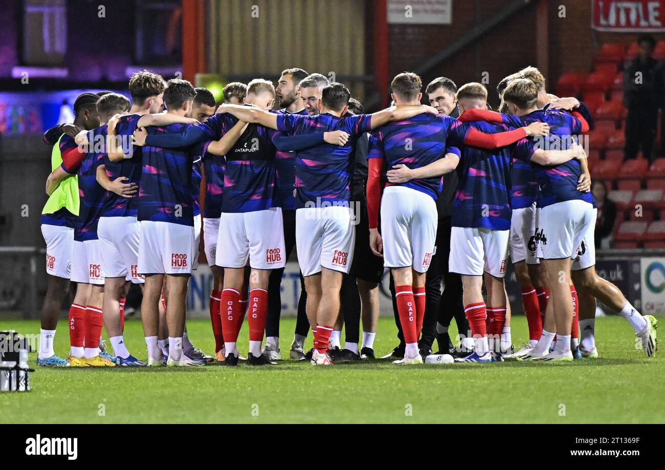 Crewe Alexandra have a squad huddle ahead of the match, during the EFL ...