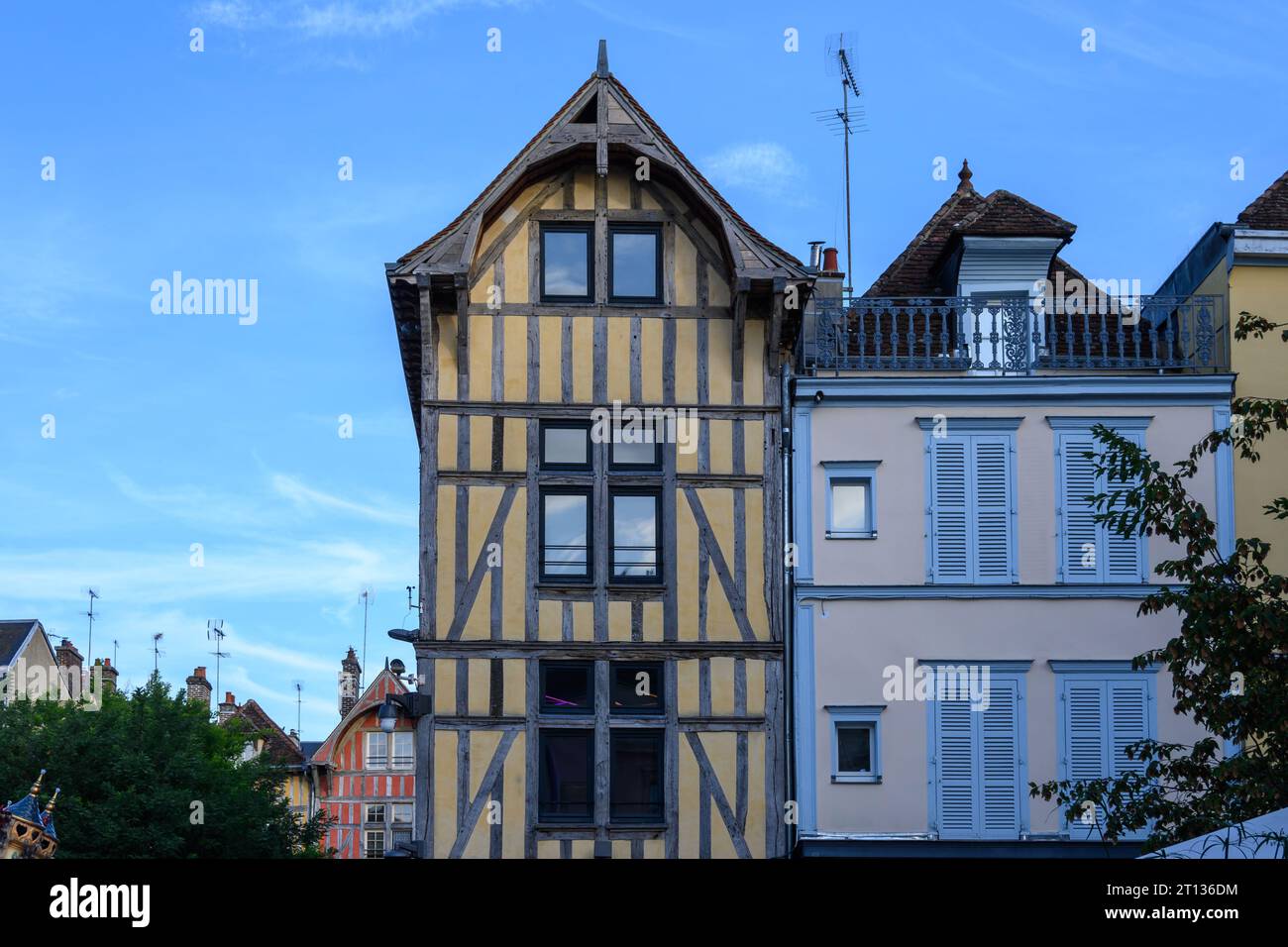Medieval central part of Troyes old city with half-timbered houses and ...