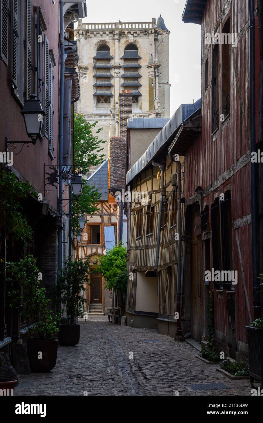 Medieval central part of Troyes old city with half-timbered houses and ...