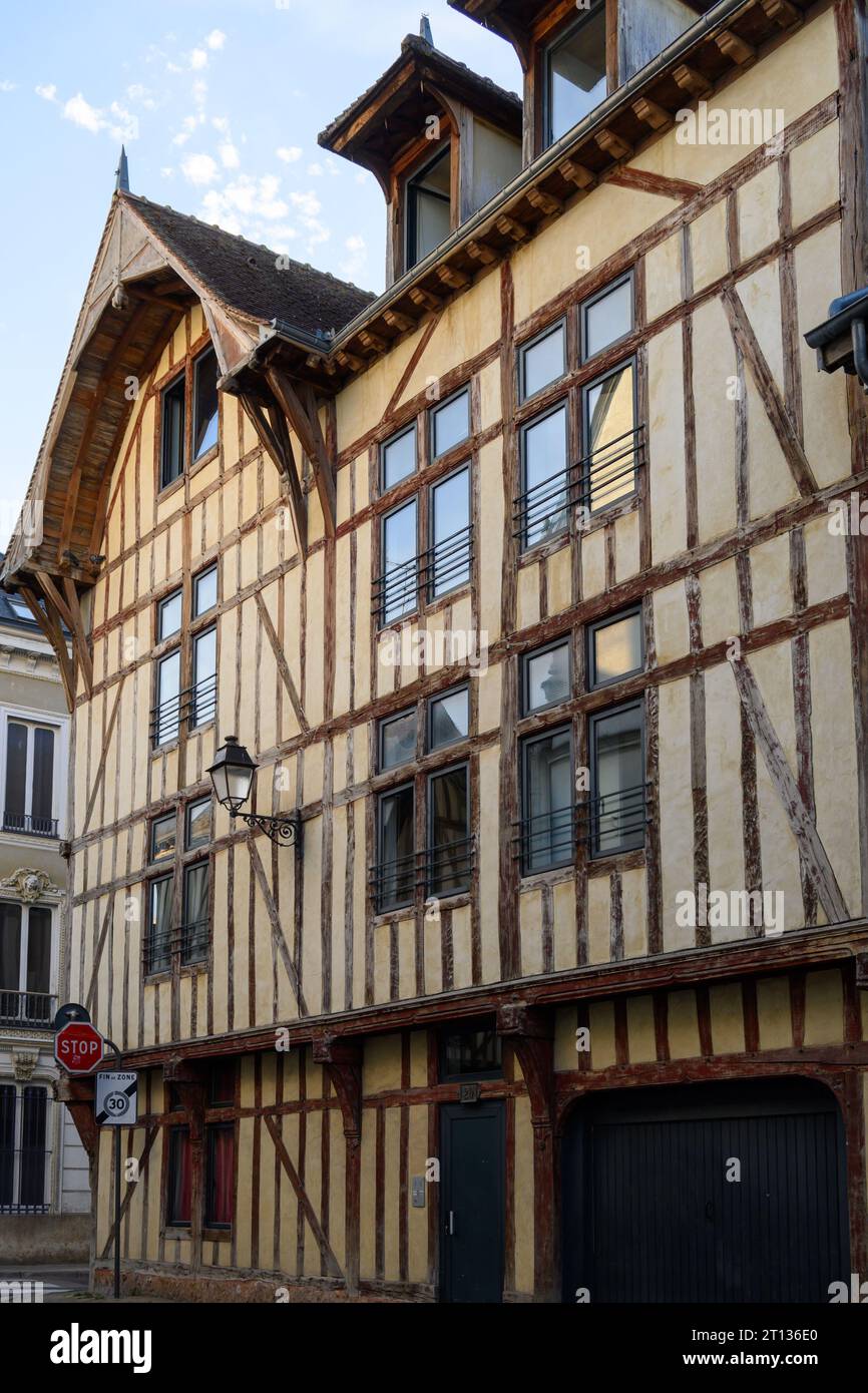 Medieval central part of Troyes old city with half-timbered houses and ...