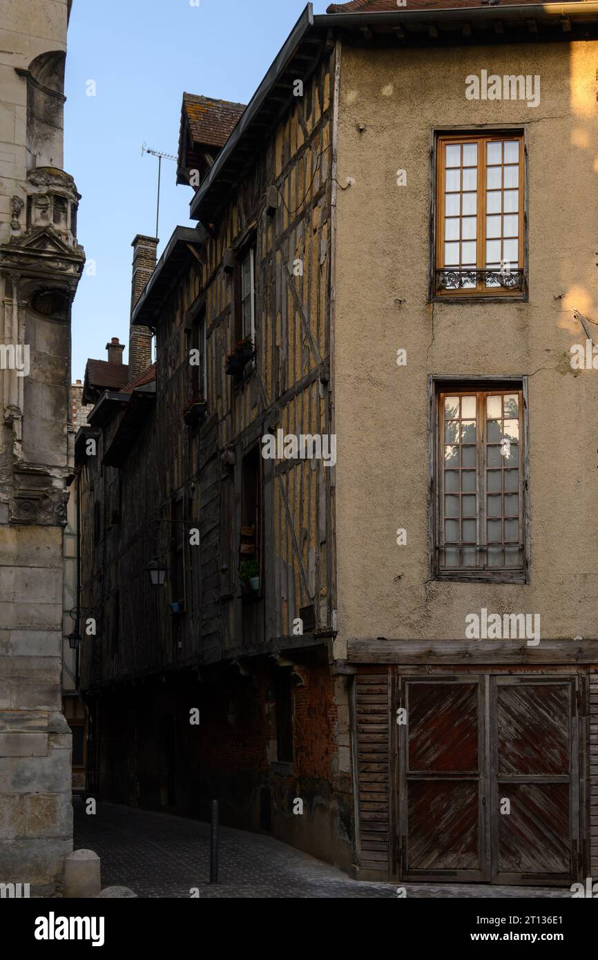Medieval central part of Troyes old city with half-timbered houses and ...