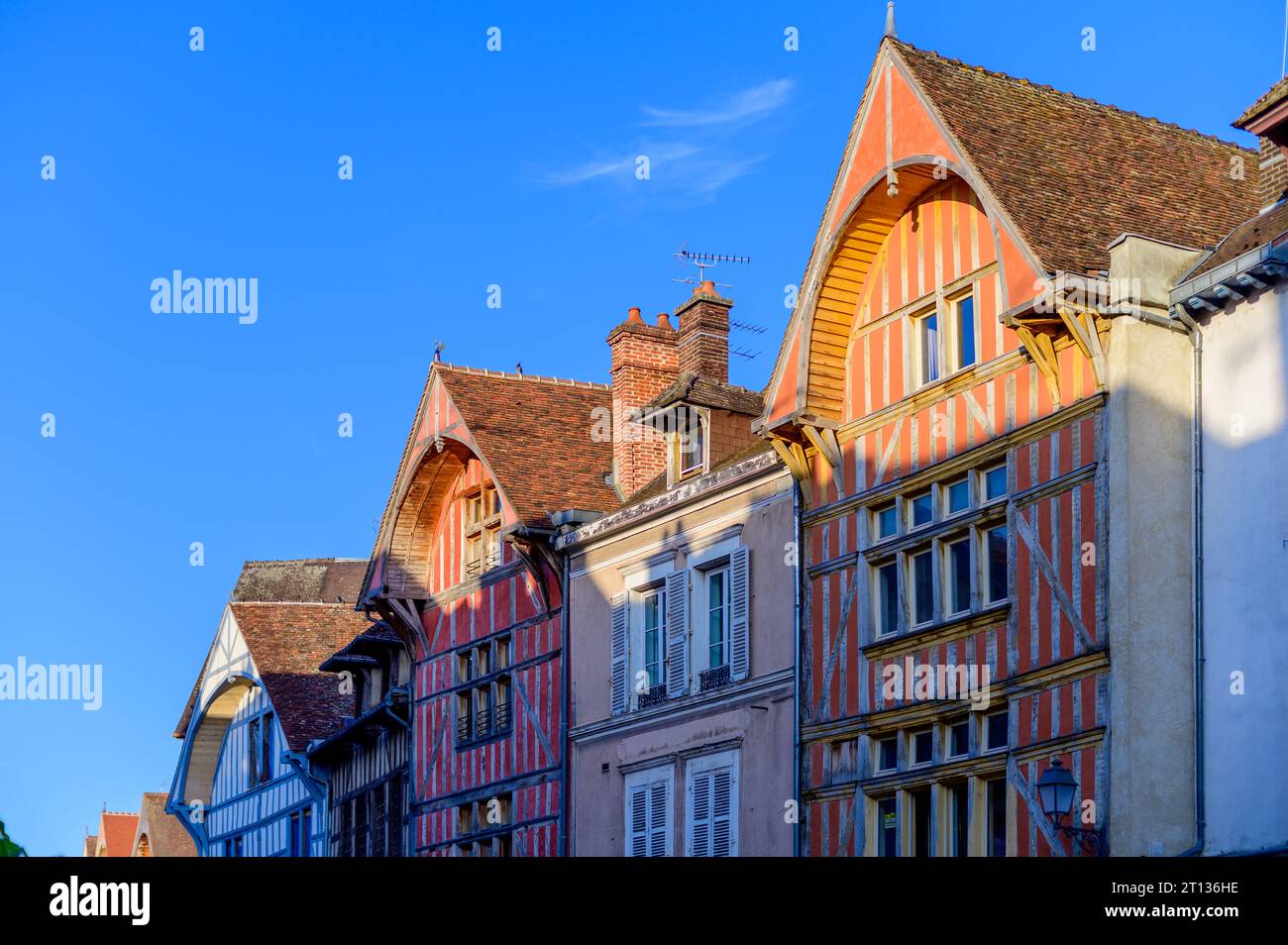 Medieval central part of Troyes old city with half-timbered houses and ...