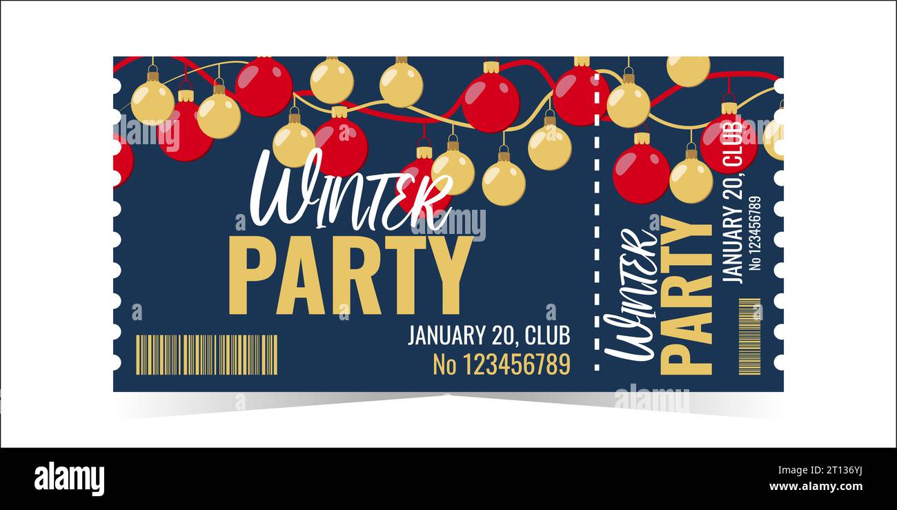 Winter Party Ticket layout template card design. Christmas balls golden ...