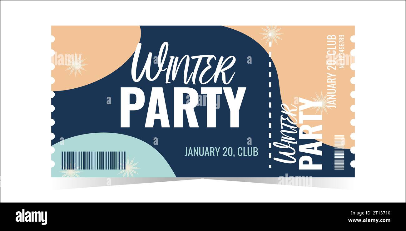 Winter Party Ticket layout template card design. Color spots pink blue ...