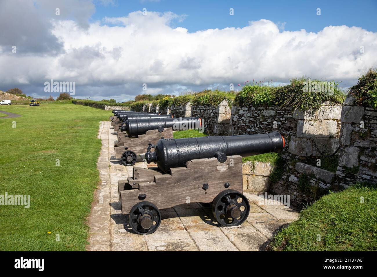 Pendennis Castle Falmouth Cornwall gun cannons barrels on the perimeter ...