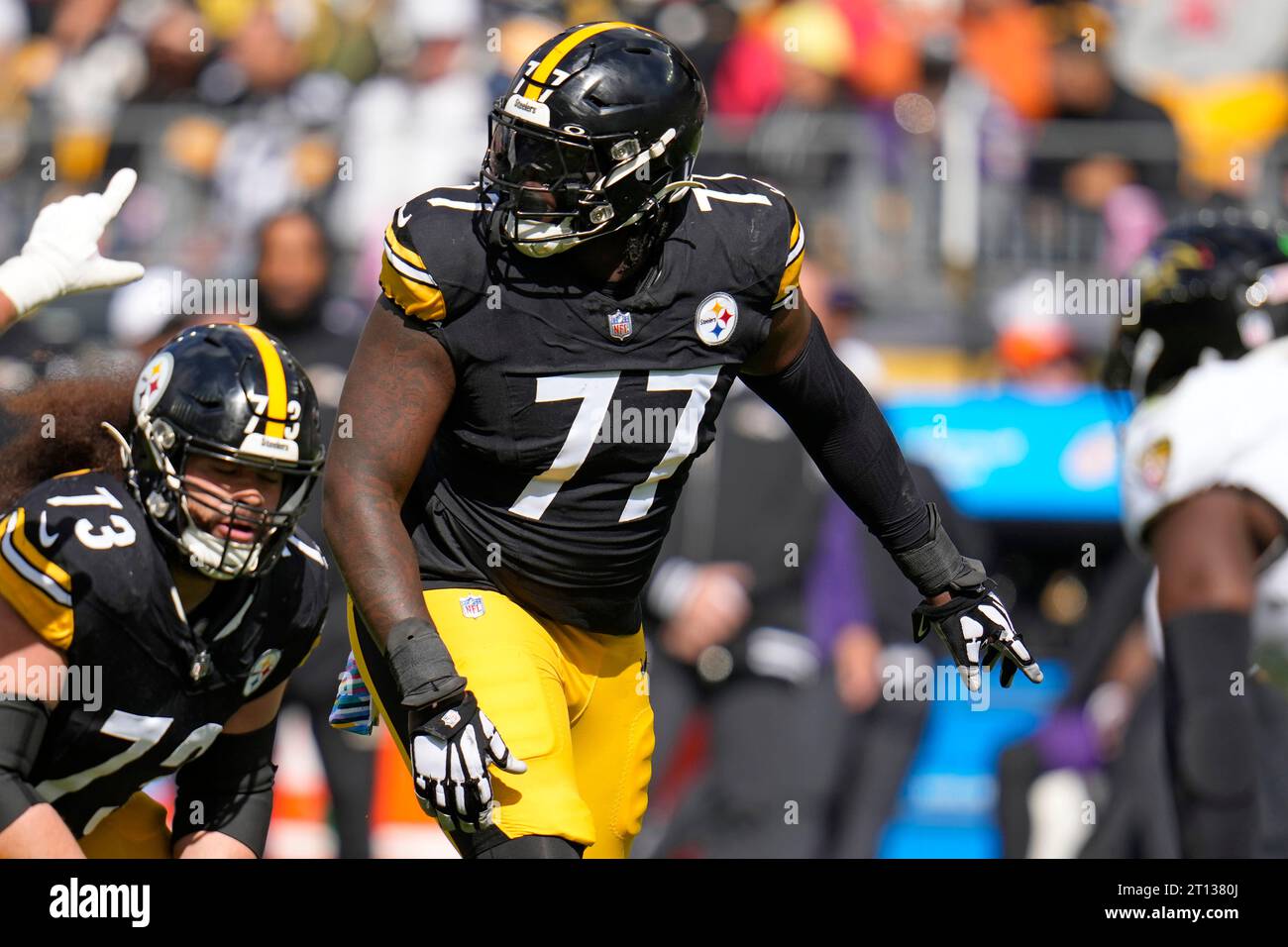 Pittsburgh Steelers' Broderick Jones (77) lines up during an NFL ...