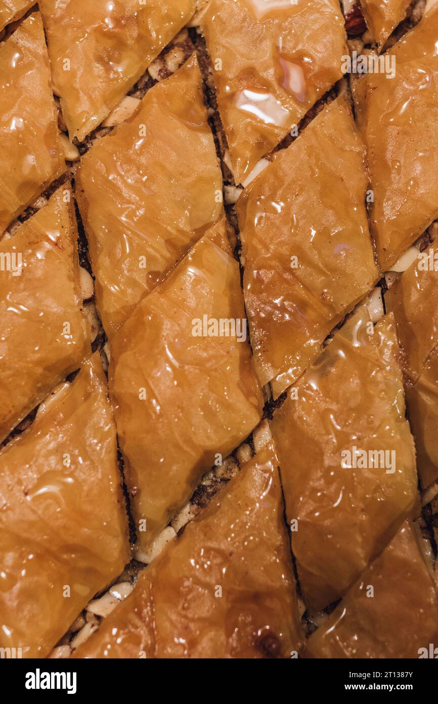 high angle view of homemade Baklava cut into diamond shapes with ...
