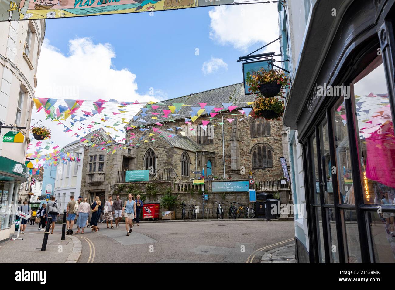 Falmouth town centre Cornwall with colourful bunting spread across ...