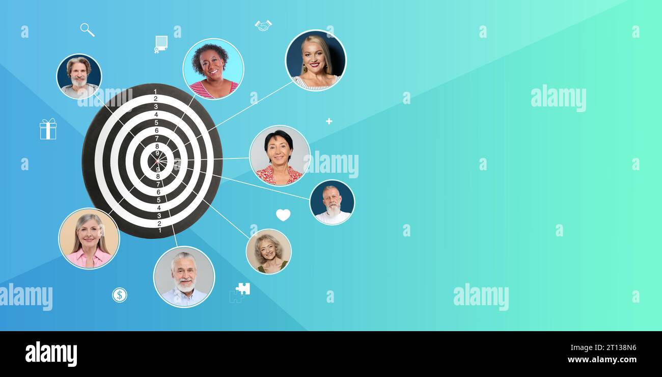 Target audience. Dartboard linked with photos of potential clients and ...