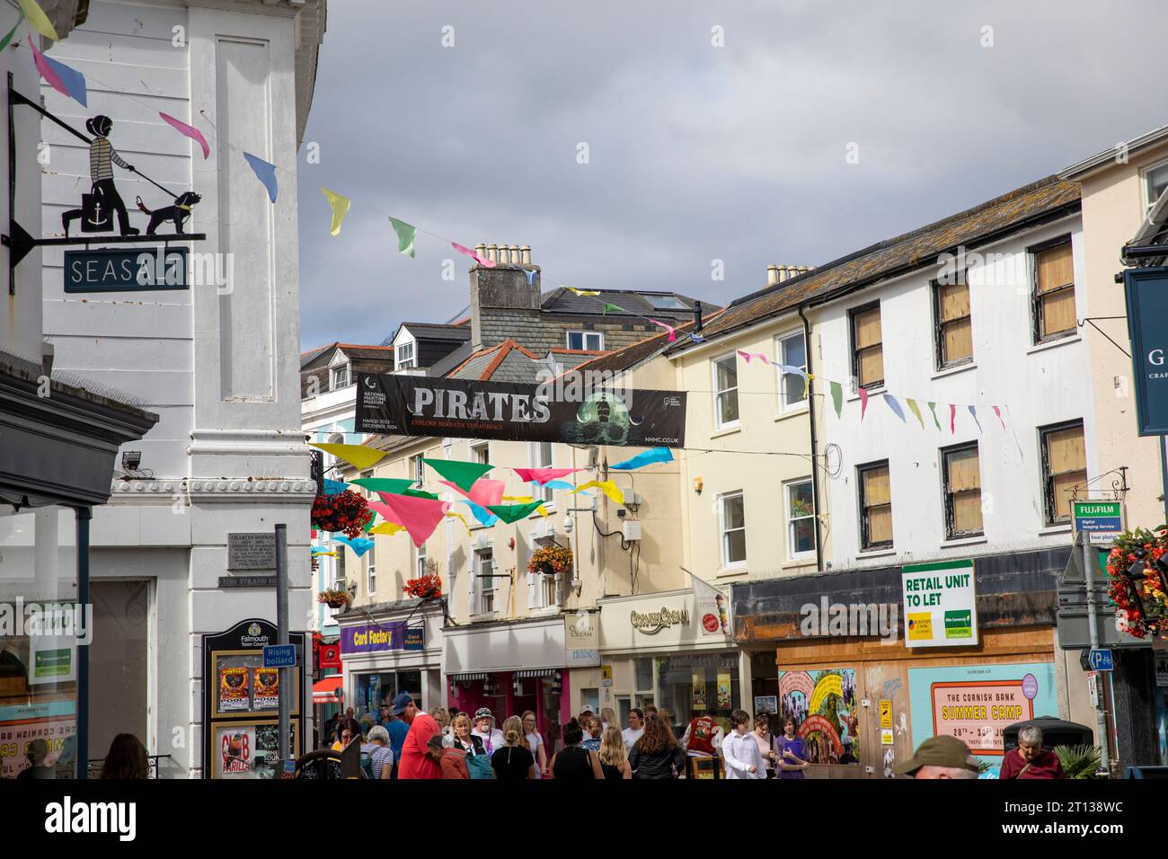 Falmouth town centre Cornwall with colourful bunting spread across ...