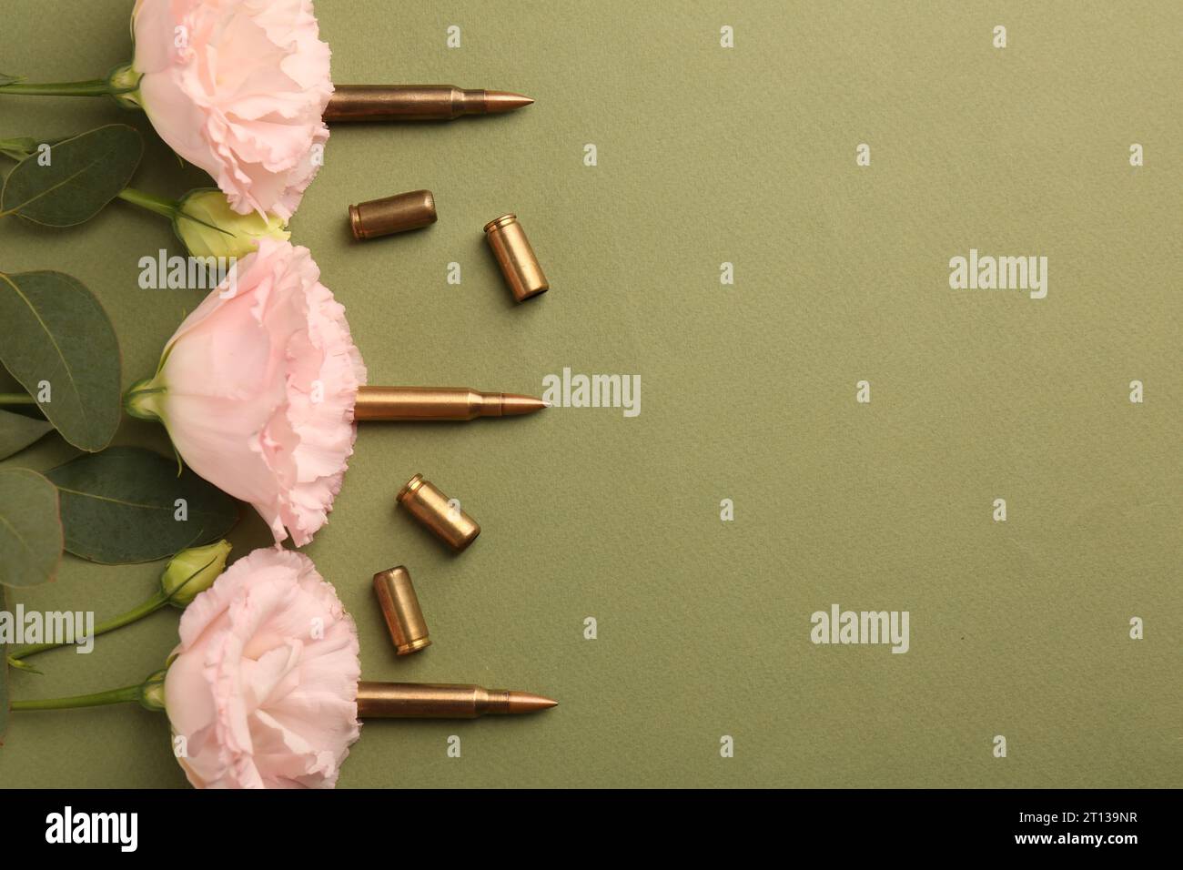 Bullets, cartridge cases and beautiful eustoma flowers on green ...