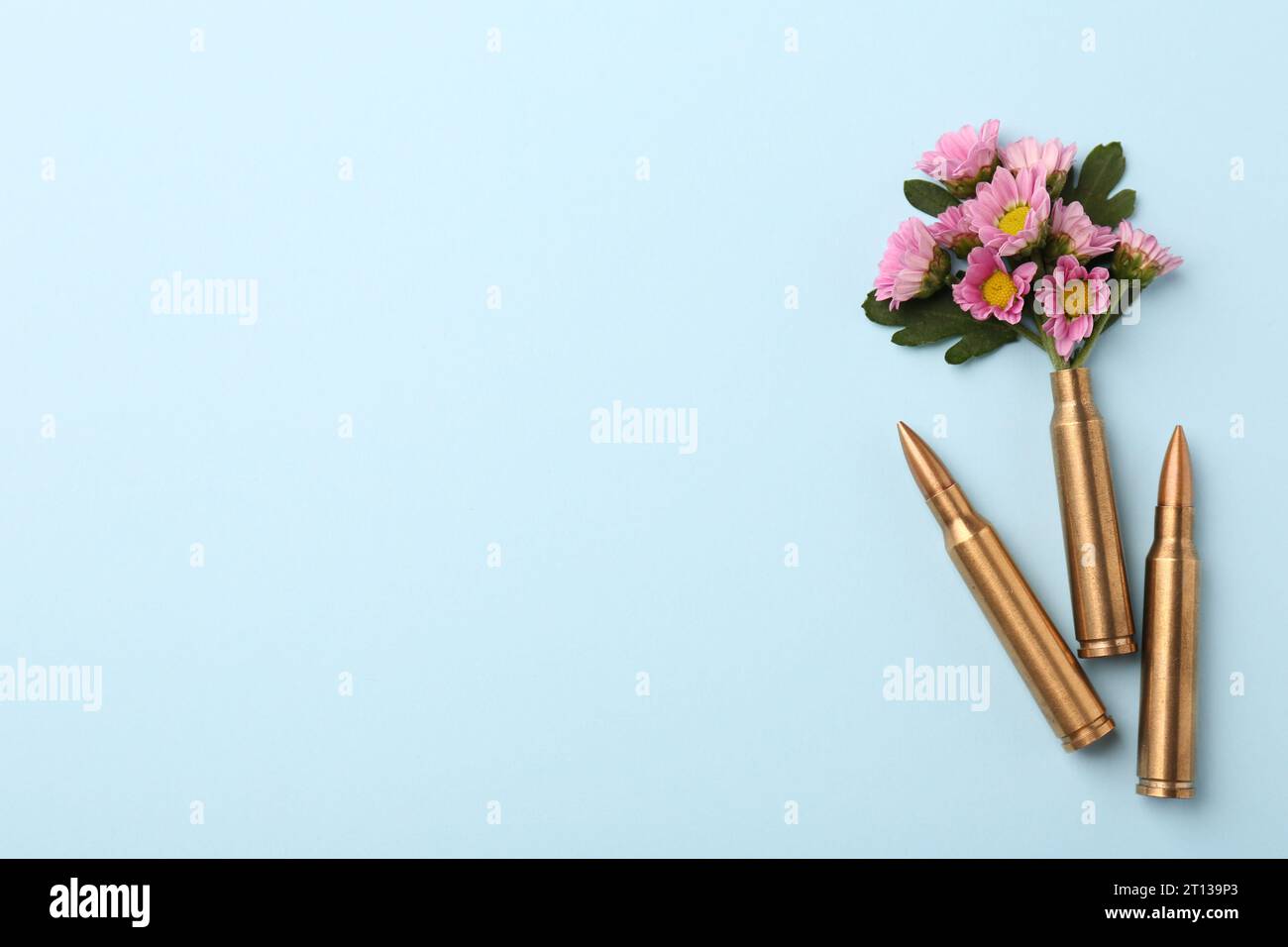 Bullets and cartridge case with beautiful flowers on light blue ...
