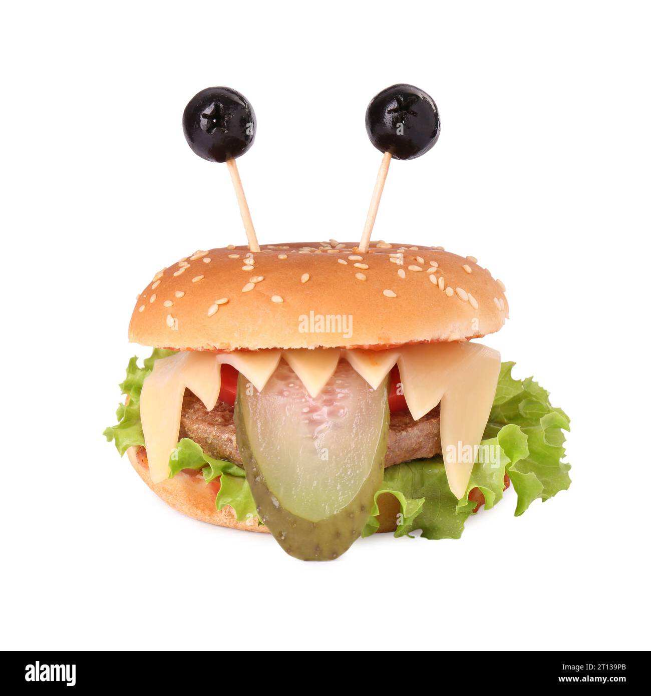 Cute monster burger isolated on white. Halloween party food Stock Photo ...