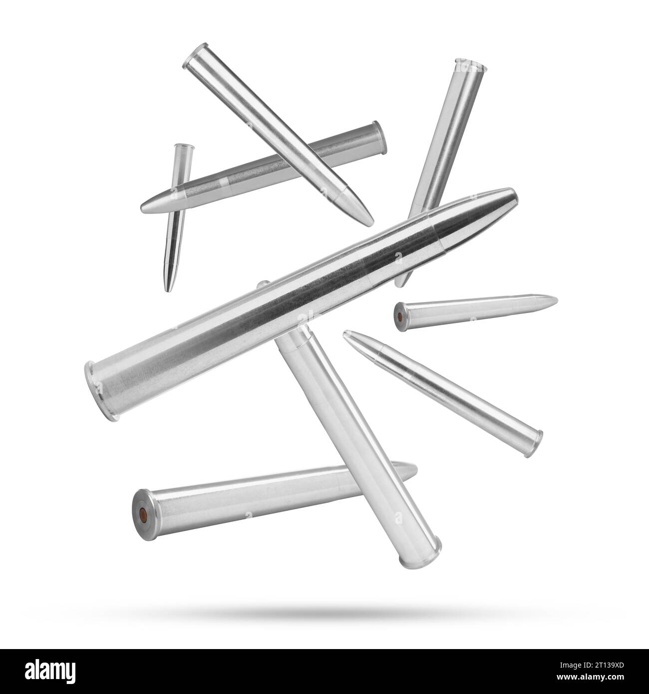 Many bullets falling on white background. Firearm ammunition Stock ...