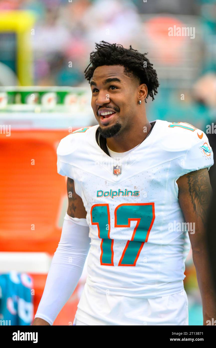 Miami Dolphins wide receiver Jaylen Waddle (17) smiles on the sidelines ...