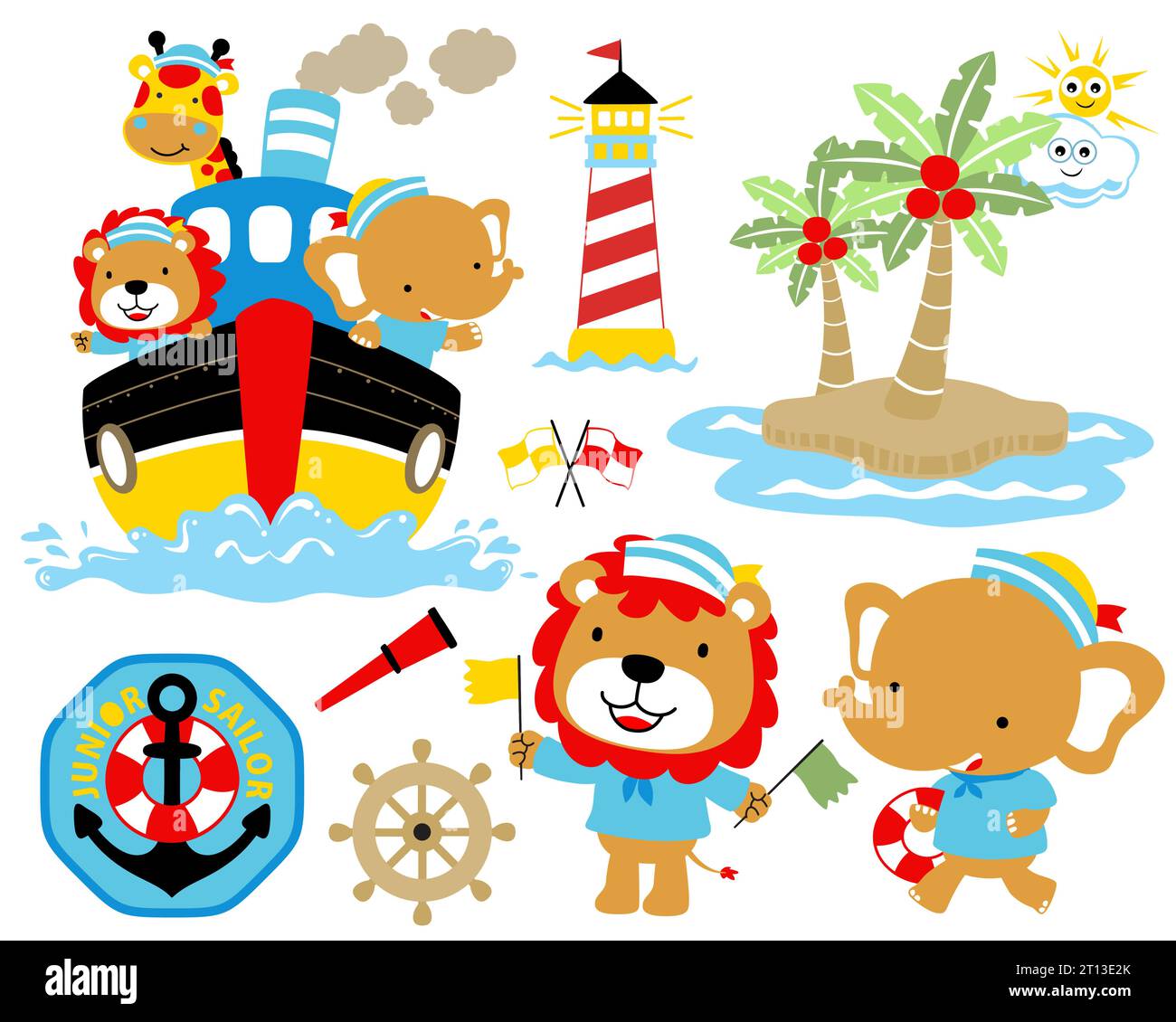 Vector illustration of sailing elements cartoon with cute animals in ...