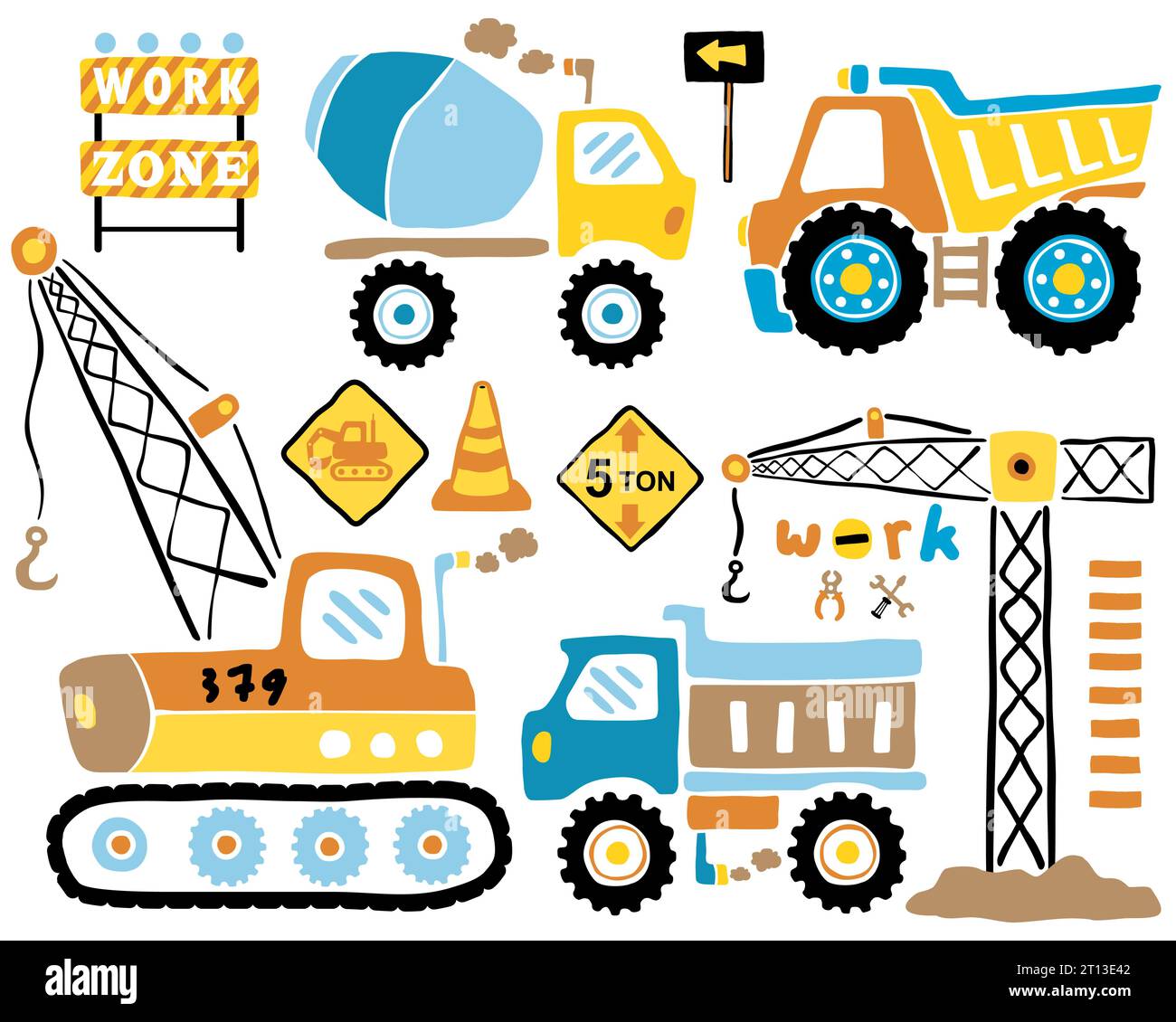 Vector set of hand drawn construction vehicles cartoon with construction elements Stock Vector ...