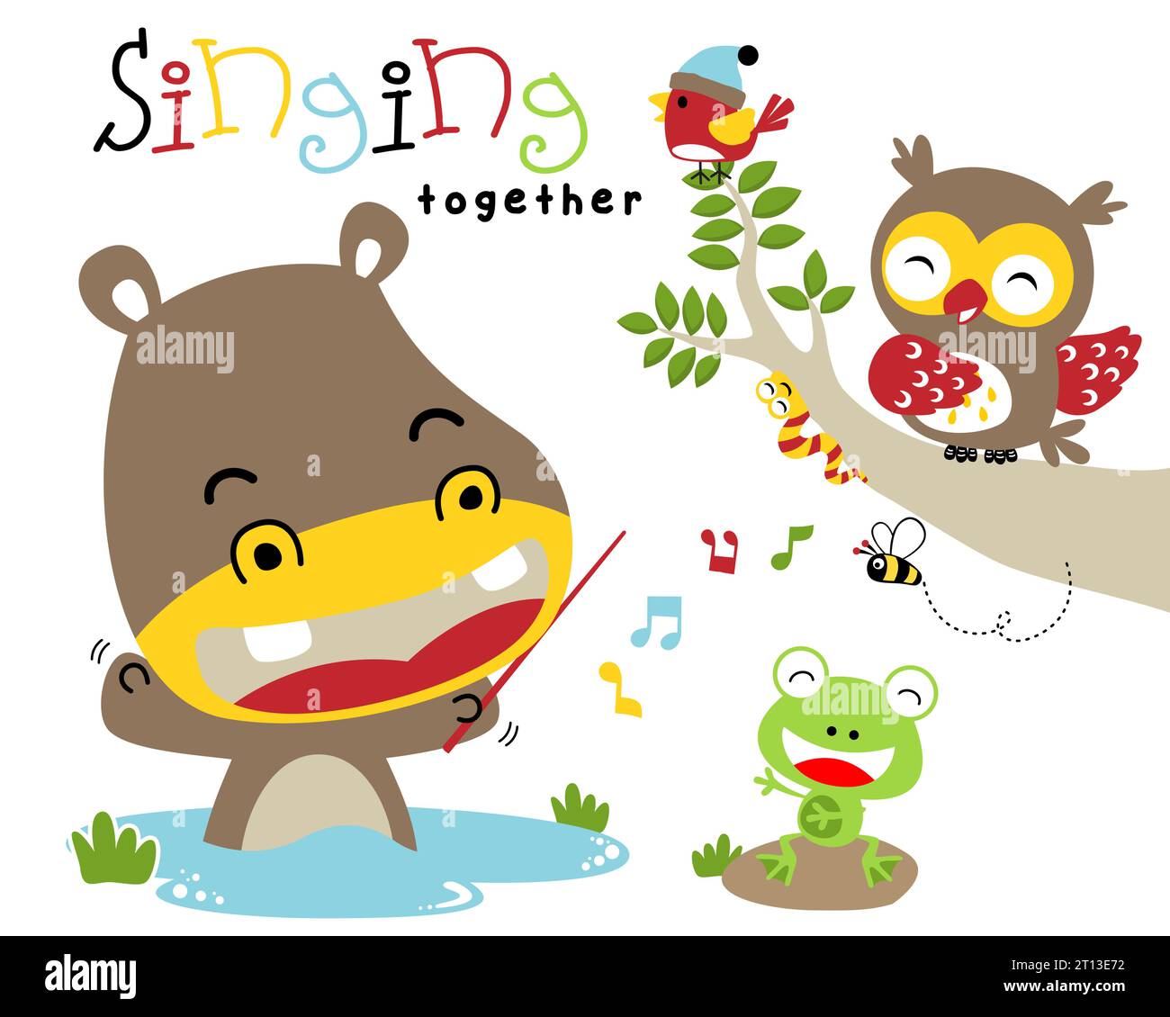 Funny cartoon of hippo singing with owl, bird, frog and bugs in forest ...