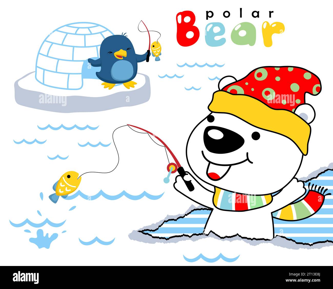 Vector cartoon of polar bear and penguin fishing in ice land ...