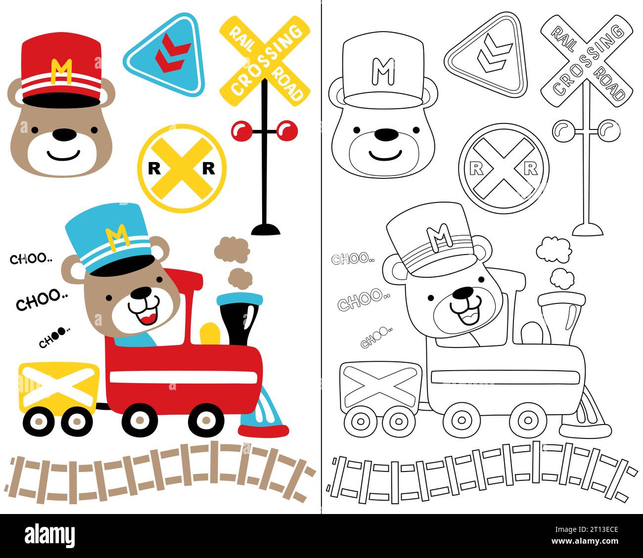 Funny bear cartoon on steam train with locomotive elements, coloring ...