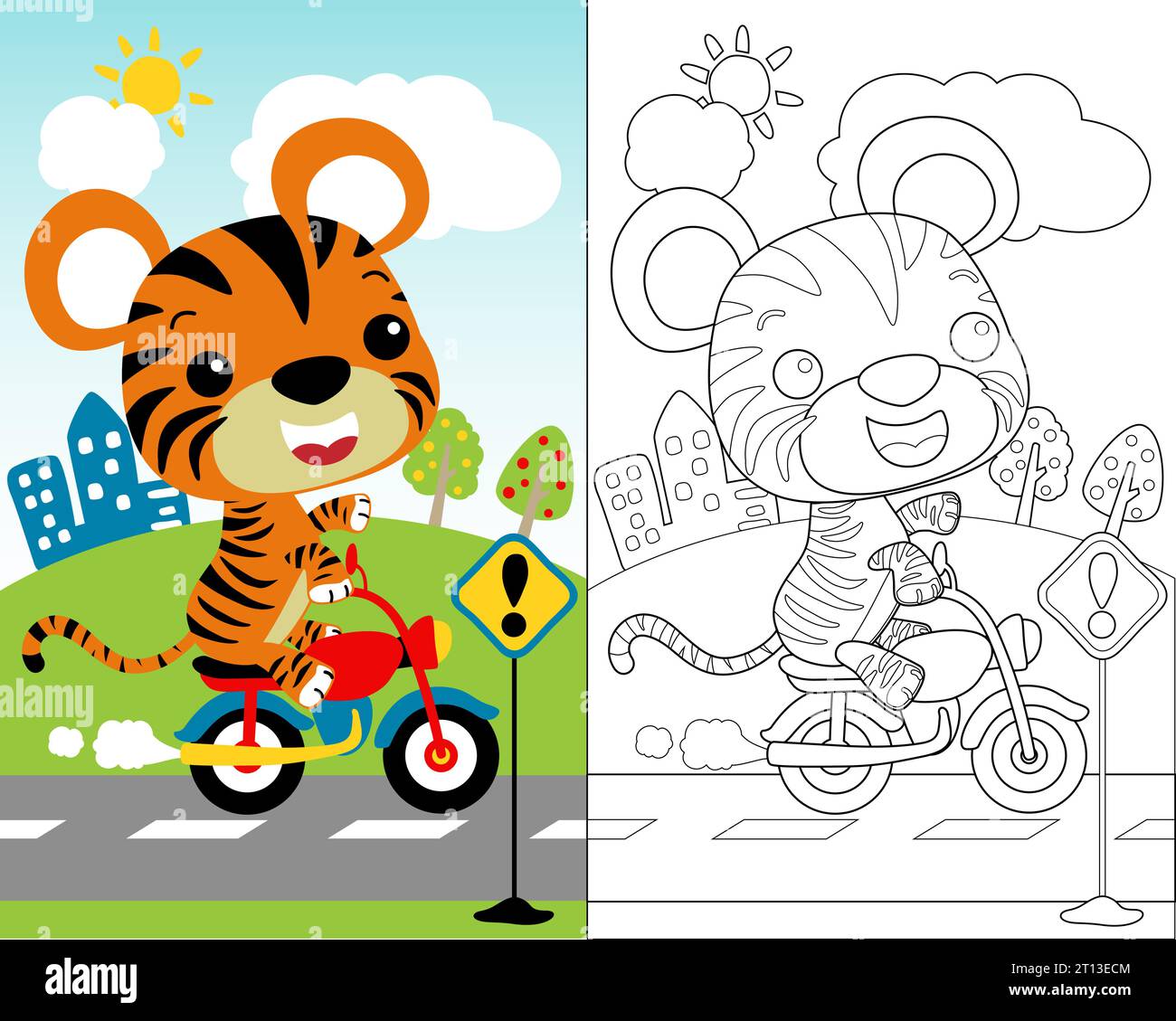 Vector cartoon illustration with little tiger cartoon riding motorbike ...
