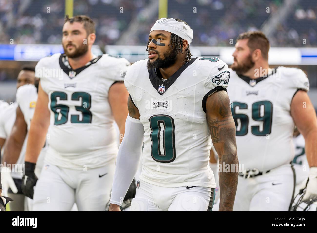 Philadelphia Eagles running back D'Andre Swift (0) walks off the field ...