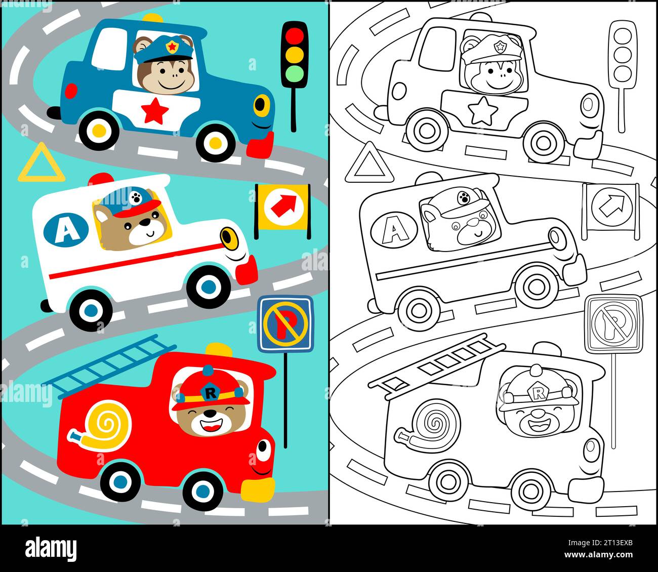 Vector illustration of rescue vehicle cartoon with funny animals driver ...