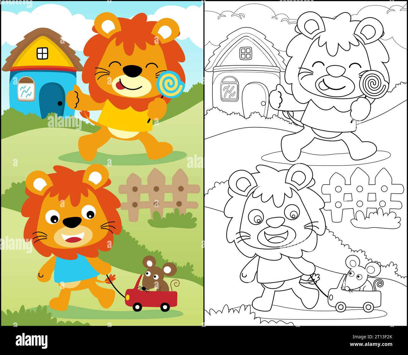 coloring book with funny lion cartoon, cute lion activity with mouse on ...