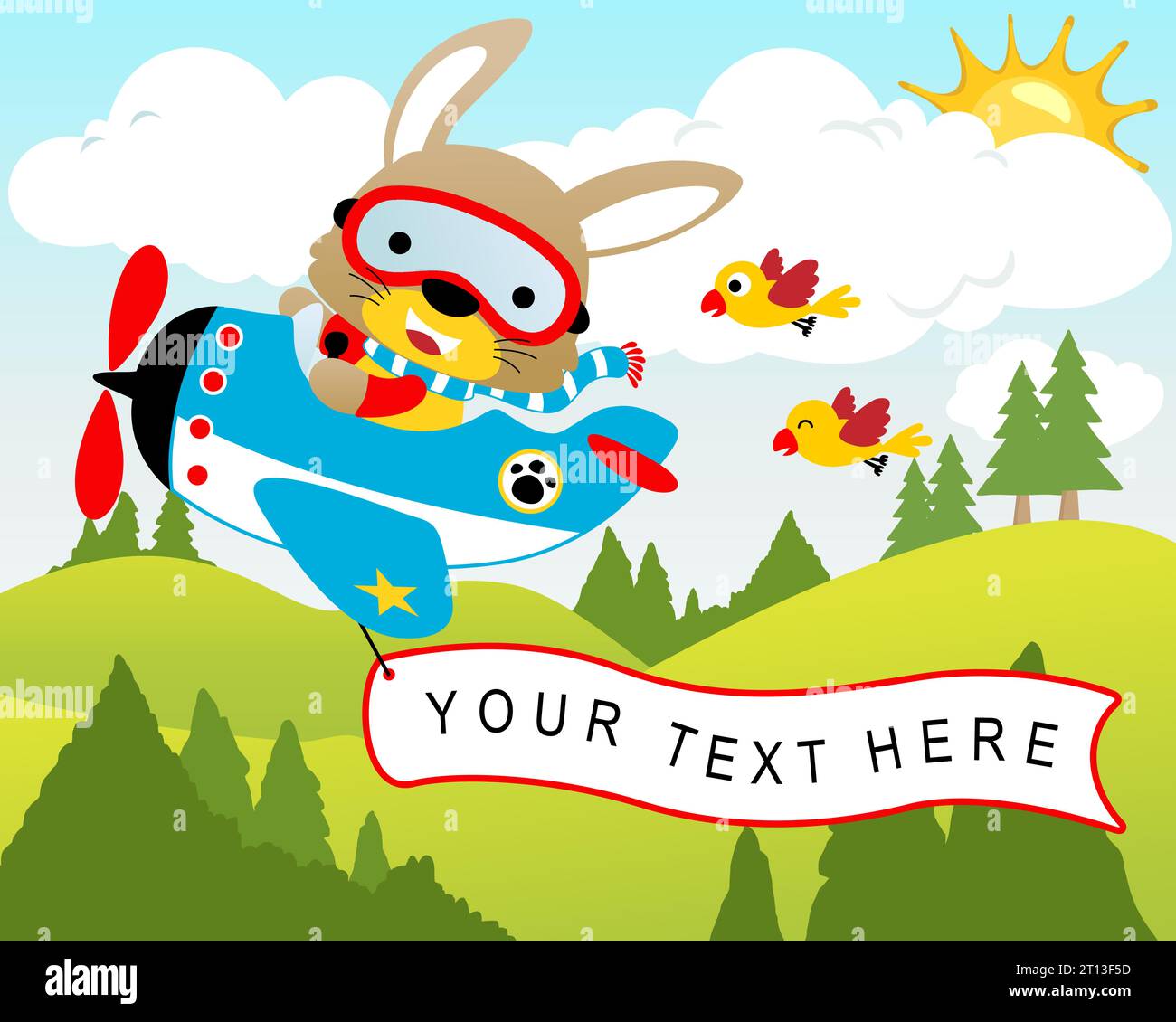 Vector illustration of rabbit on a plane with little birds on landscape ...