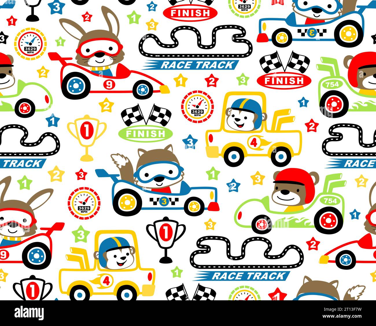 Vector of seamless pattern of car racing elements cartoon with funny ...