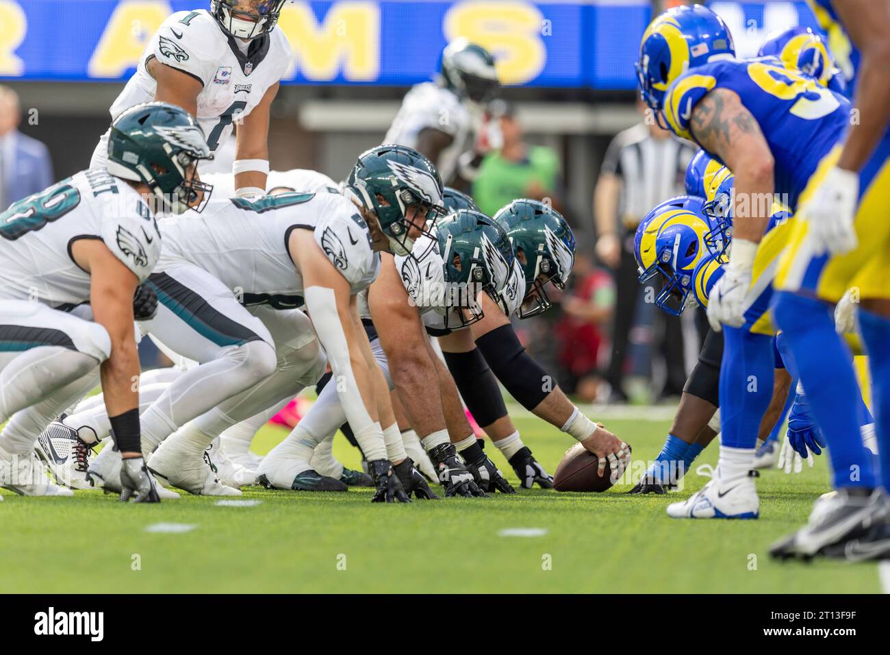 The Philadelphia Eagles line up against the Los Angeles Rams in an NFL ...