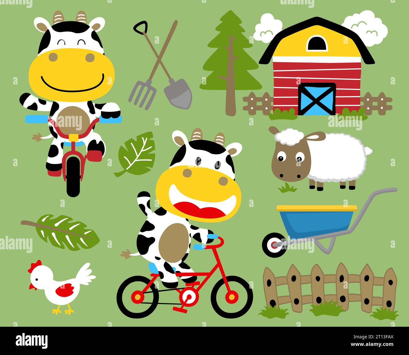 vector illustration set of funny cow cartoon with farm animals ...