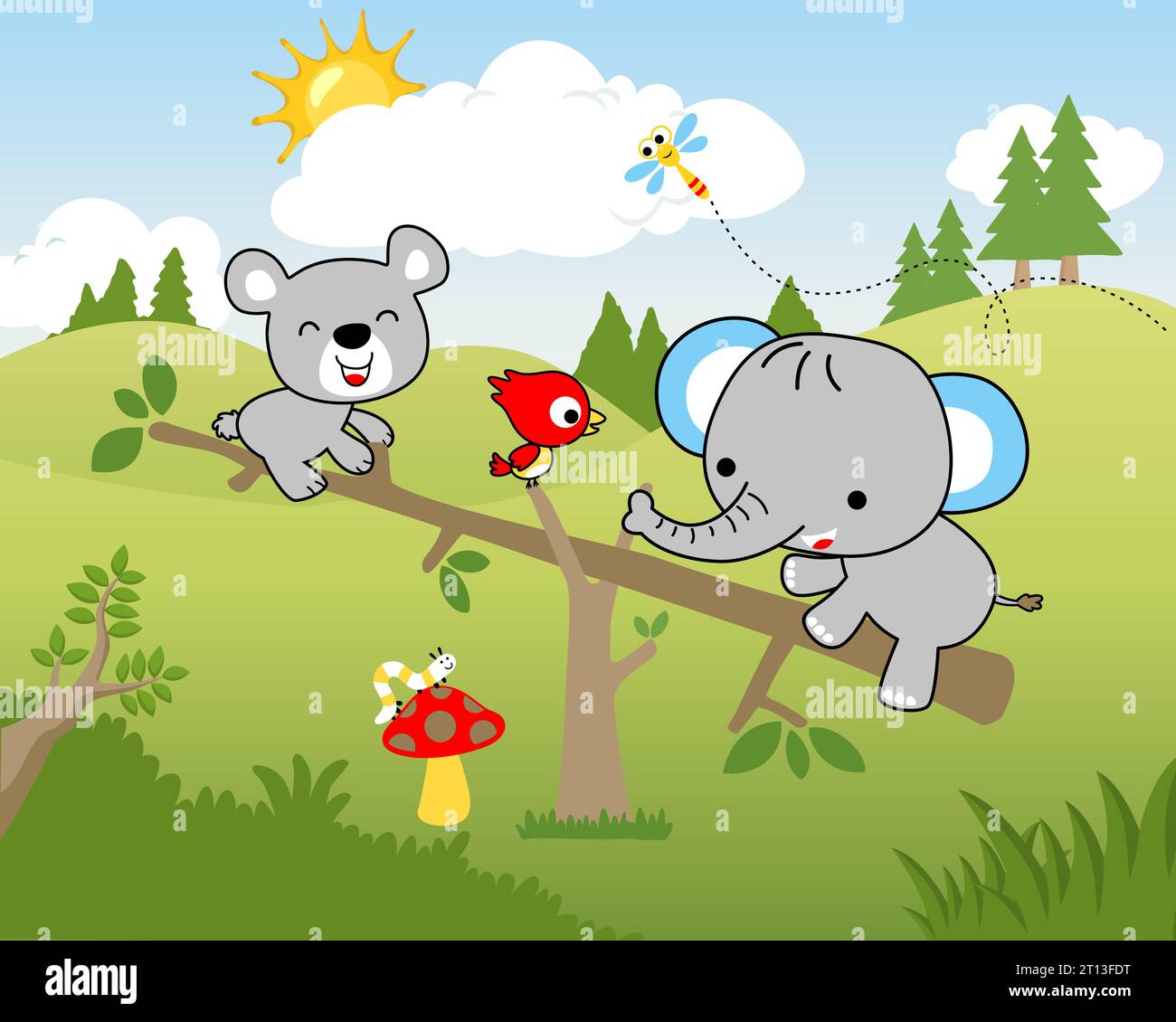 Vector illustration with cute animals cartoon on landscape background ...