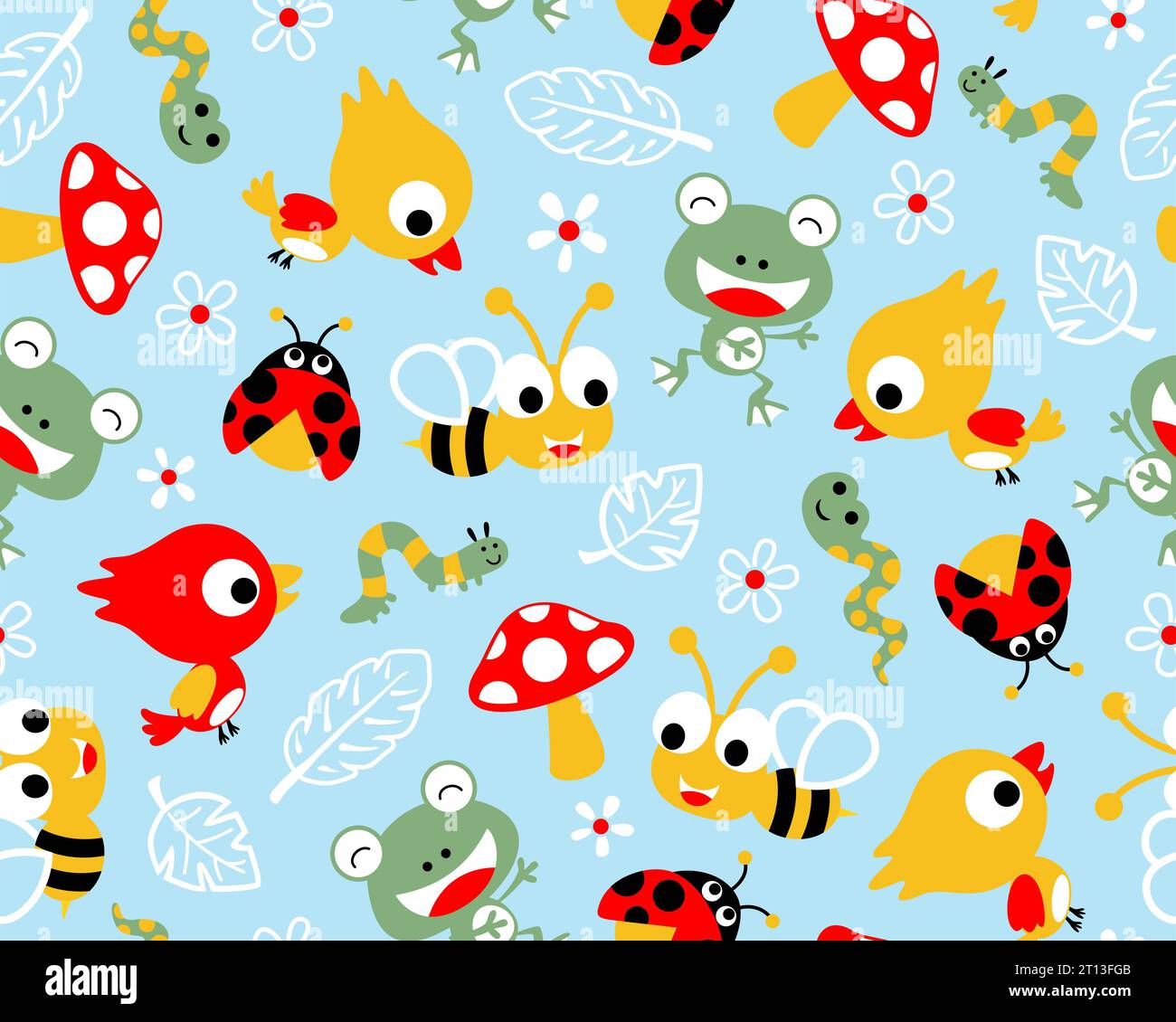 Vector seamless pattern of bugs cartoon and bird with leaves and flower ...