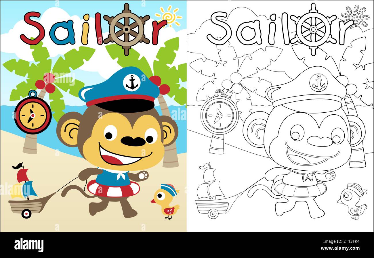 Coloring book vector of monkey cartoon playing as a sailor in the beach ...