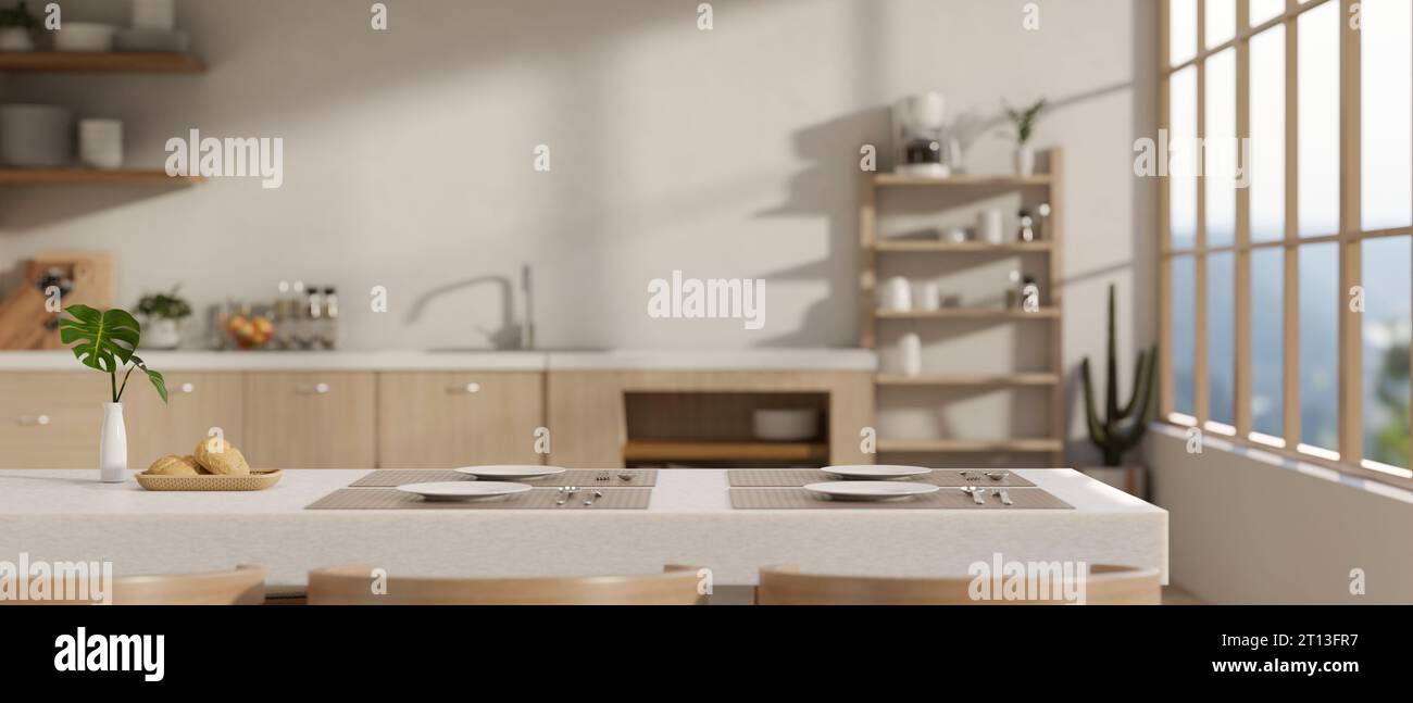 Close-up image of a modern dining table in a modern minimalist kitchen ...