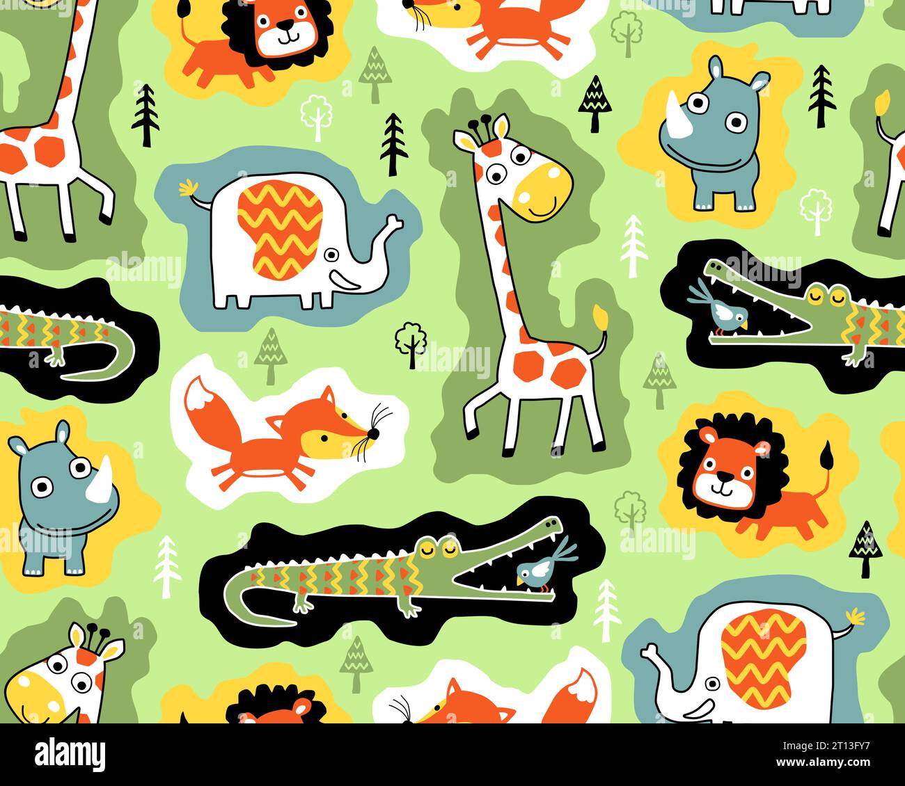 Seamless pattern vector of hand drawn wildlife animals cartoon with ...