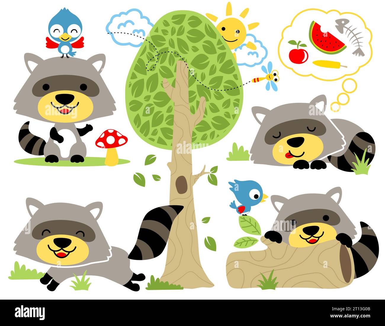 Vector set of raccoon cartoon with little friends in the woods Stock ...