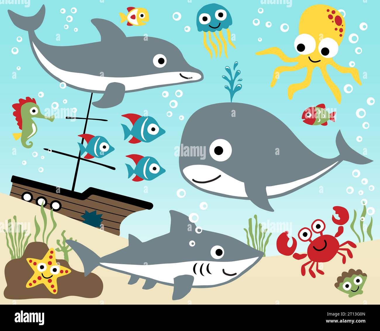 Vector set of marine animals cartoon with sinking ship under sea Stock ...