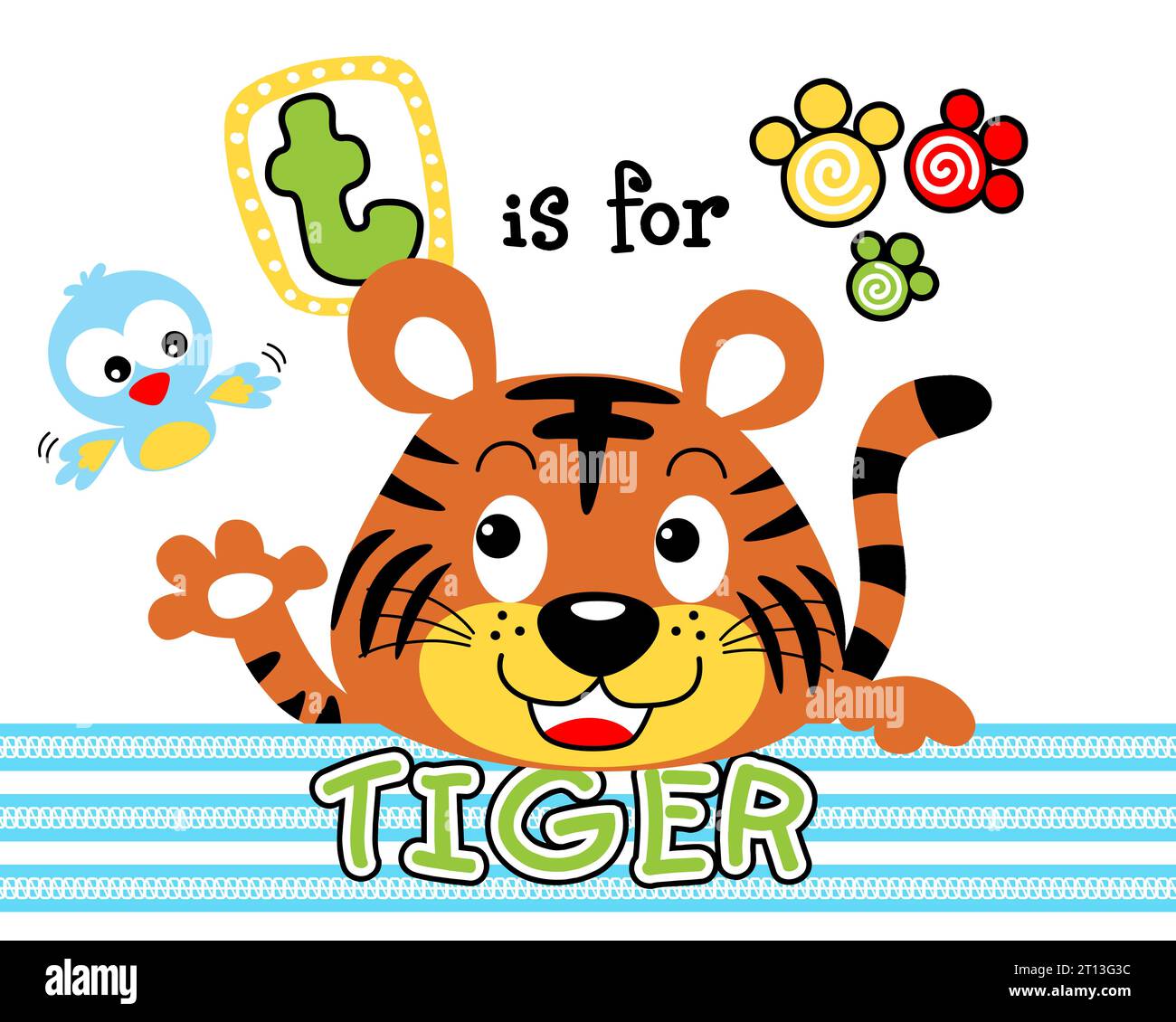 Vector illustration of cute tiger playing with little bird Stock Vector ...