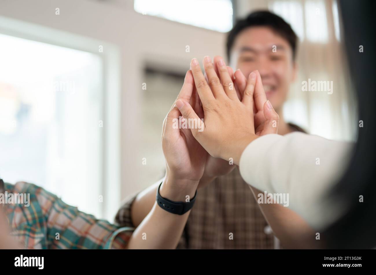 A group of cheerful and happy young Asian friends are making a group ...