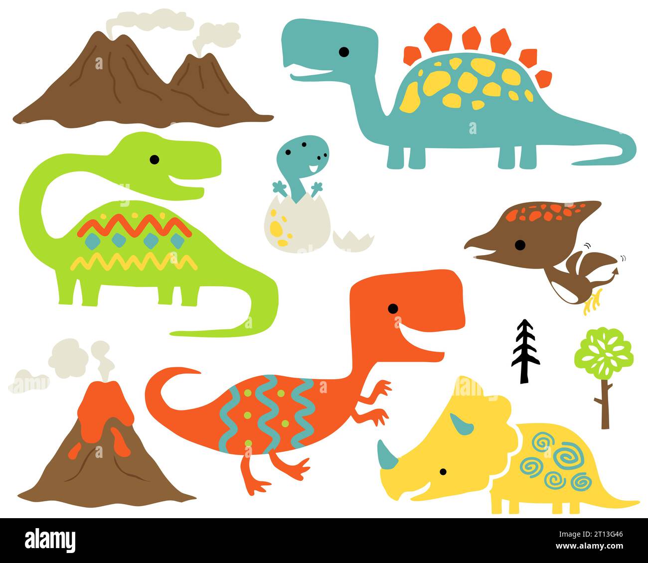 Vector set of colorful dinosaurs cartoon, volcanoes and trees Stock ...
