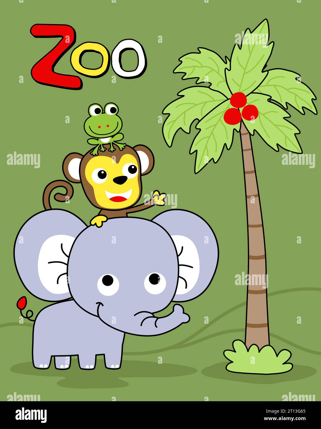 Vector cartoon of monkey and frog ride on elephant with a palm tree ...