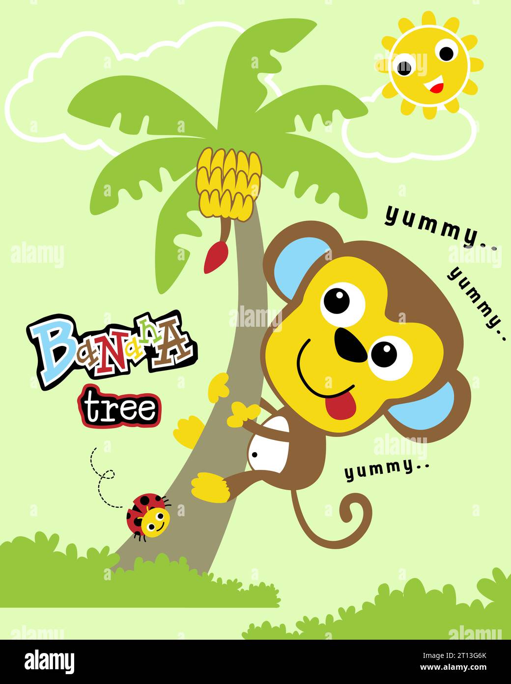 Vector cartoon of funny monkey climb banana tree, smiling sun and ...