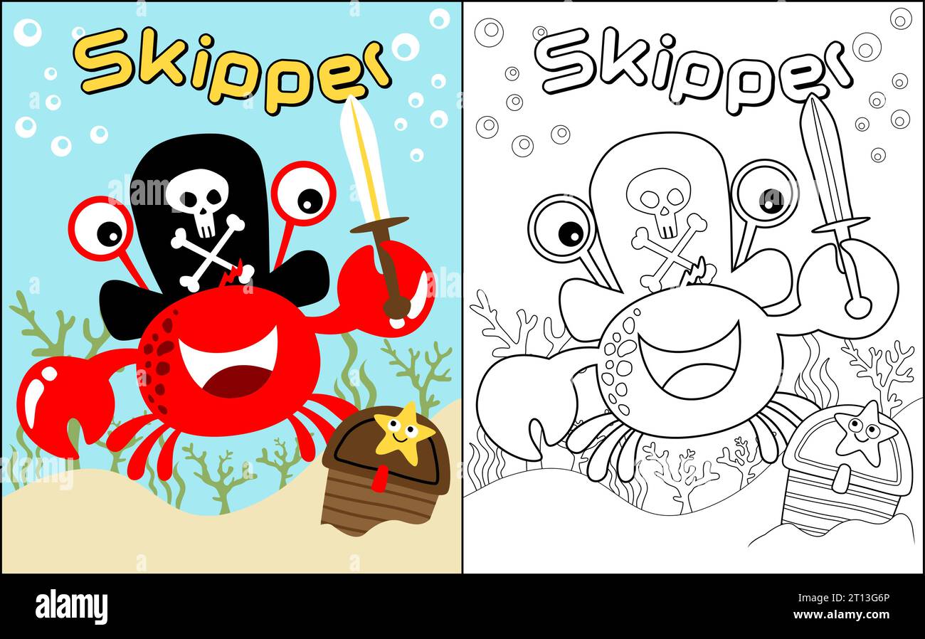 Coloring book vector of funny crab in pirate costume holding sword with ...