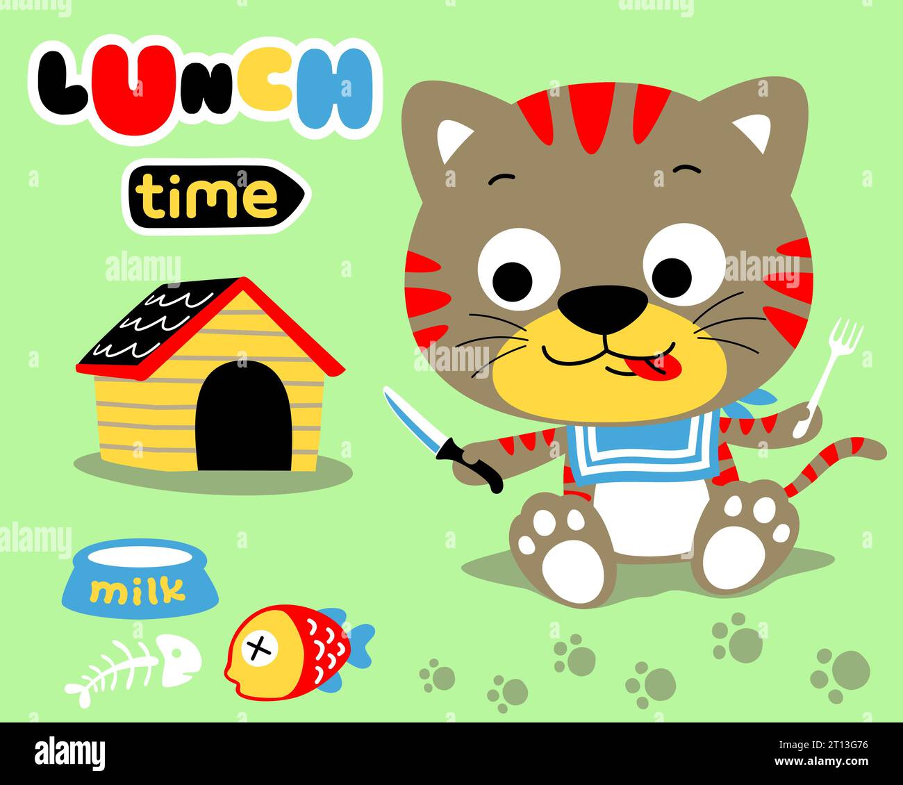 Vector illustration with cute kitten holding knife and fork ready to ...