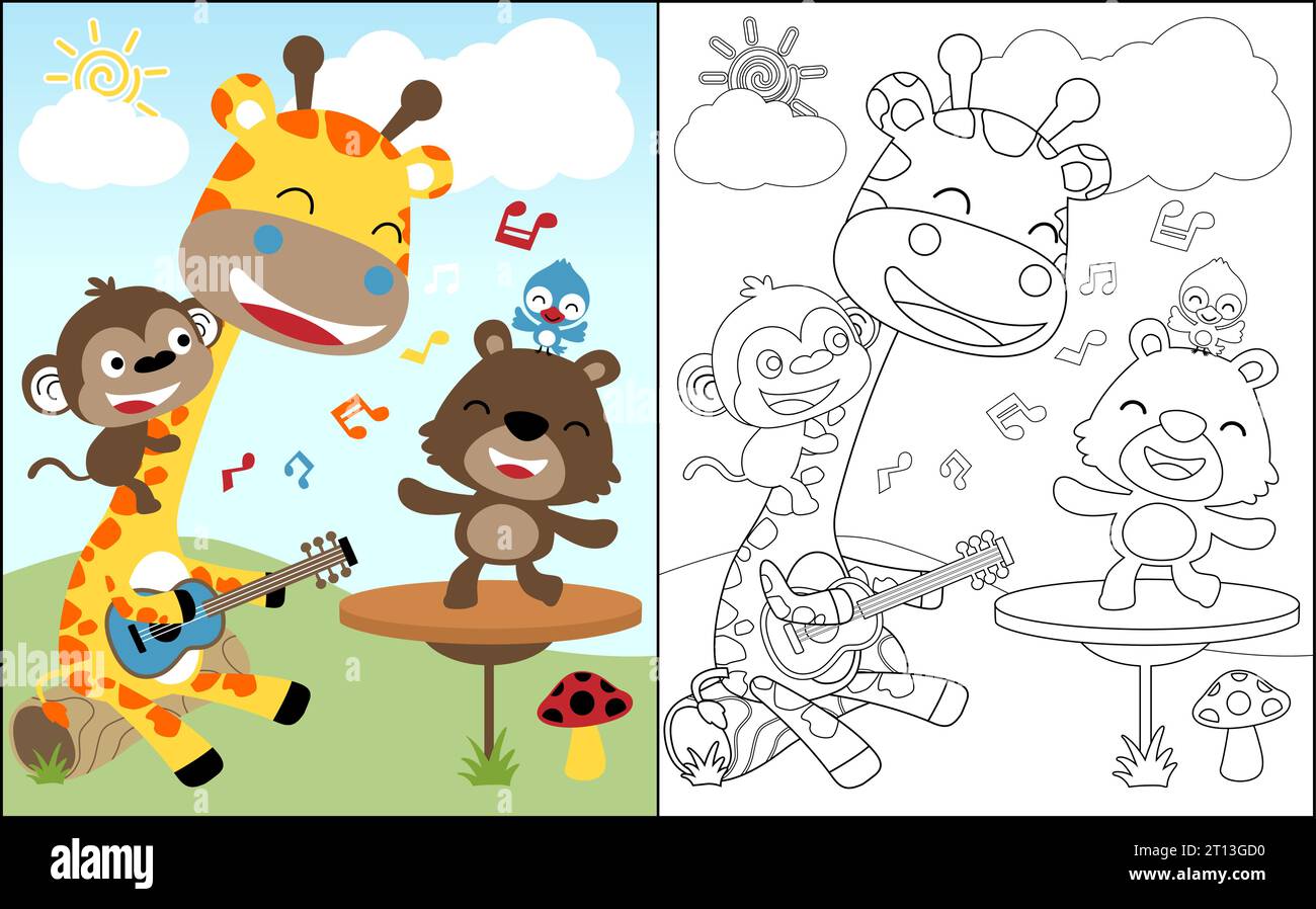 Coloring book vector of cute animals playing music and singing together ...