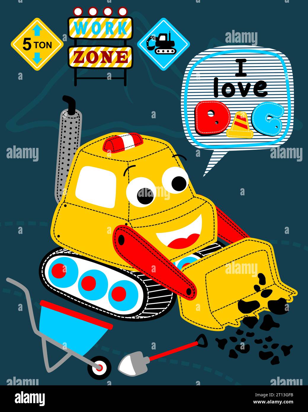 Vector illustration of funny digger working with worker tools and ...